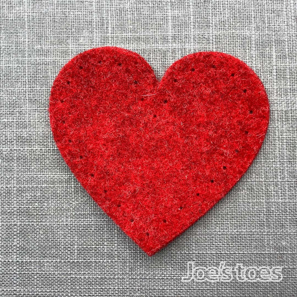 Joe's Toes heart shape sew-on patches with punched holes for easy stitching